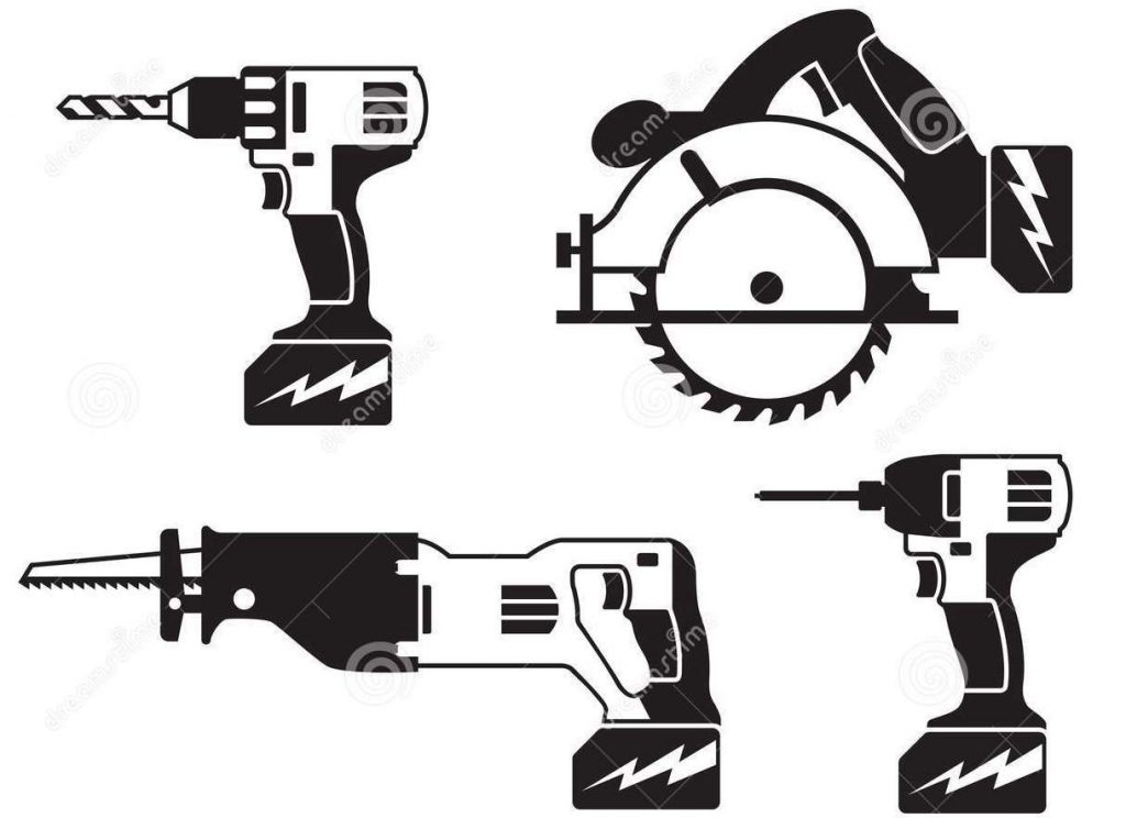 battery-powered-tools-icons-four-cordless-black-white-linear-including ...