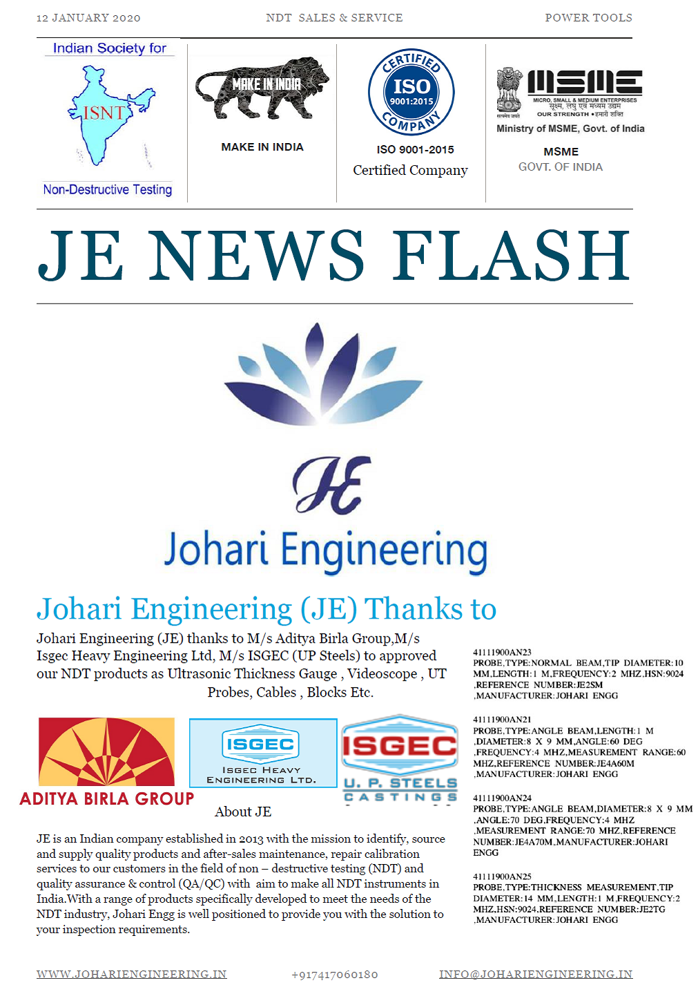 JE News – JOHARI ENGINEERING (JE) INDIA जौहरी इंजीनियरिंग ISO 9001-2015 ...